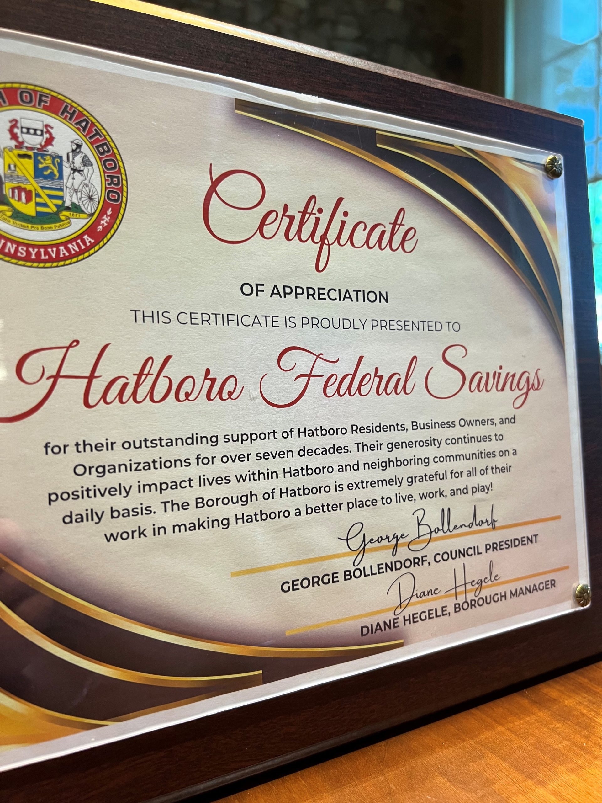 Certificate of Appreciation | Hatboro Federal Savings